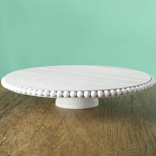 Beaded Tabletop Cake Stand 12 Inch Decorative Wood Cake Stand White Farmhouse Dessert Cake Pedestal Wood Round Dessert Stands Cakes Holder Dessert Display Plate Serving Tray for Table Wedding Display