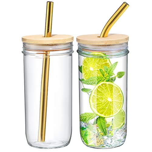 Mason Jar Cups with Lids and Straws Reusable Wide Mouth Ball Mason Jar Drinking Glasses Tumbler with Straw Brush, Travel Bottle 24 Oz for Iced Coffee, Juicing, Tea, Milk, Homemade Beverages