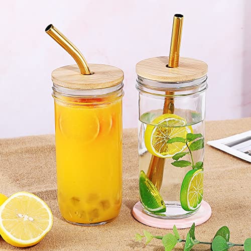 Mason Jar Cups with Lids and Straws Reusable Wide Mouth Ball Mason Jar Drinking Glasses Tumbler with Straw Brush, Travel Bottle 24 Oz for Iced Coffee, Juicing, Tea, Milk, Homemade Beverages