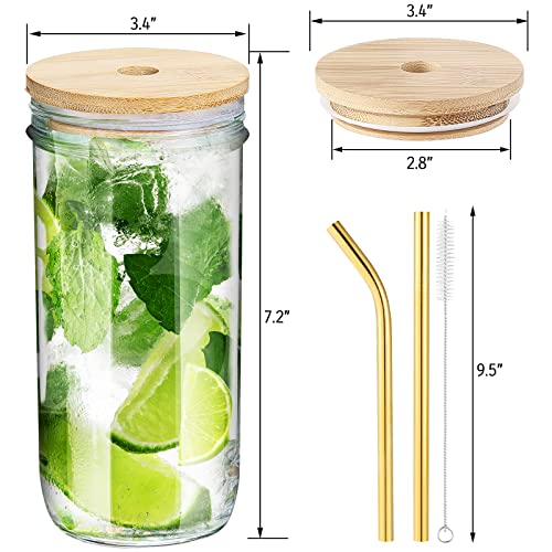 Mason Jar Cups with Lids and Straws Reusable Wide Mouth Ball Mason Jar Drinking Glasses Tumbler with Straw Brush, Travel Bottle 24 Oz for Iced Coffee, Juicing, Tea, Milk, Homemade Beverages