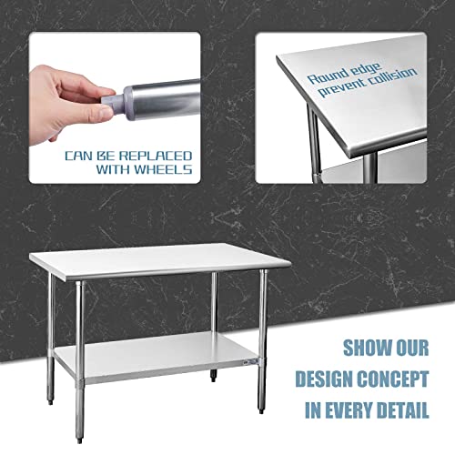 Hally Stainless Steel Table with Double Overshelf for Prep & Work 30 x 48 Inches, NSF Commercial Heavy Duty Table with Undershelf for Restaurant, Home and Hotel