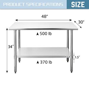 Hally Stainless Steel Table with Double Overshelf for Prep & Work 30 x 48 Inches, NSF Commercial Heavy Duty Table with Undershelf for Restaurant, Home and Hotel