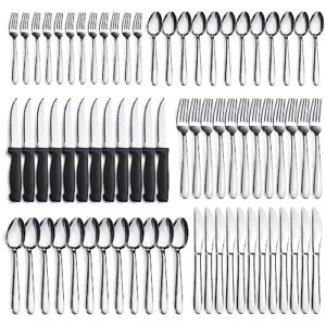 pleafind 72-pieces silverware sets for 12, flatware set with steak knives, stainless steel cutlery set, include forks spoons and knives set, dishwasher safe utensil sets for home restaurant