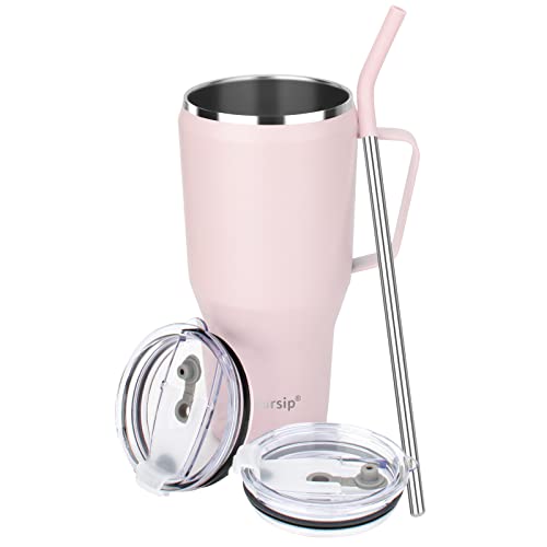 Sursip 40oz Mug Tumbler Stainless Steel Vacuum Insulated Mug with H&le,Lid & Straw,Fit for Car Holder,Keeps Drinks Cold up to 24 Hours,Sweat Proof & Leak Proof,Dishwasher Safe Pink,1 Count (Pack of 1)