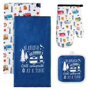 4 pcs camping towels set, making memories one campsite at a time rv dish towel, funny camping dish towels dish cloths, soft and absorbent pot holder, camping oven mitt (blue stylish style)