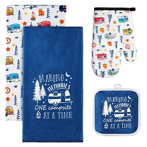 4 Pcs Camping Towels Set, Making Memories One Campsite at a Time RV Dish Towel, Funny Camping Dish Towels Dish Cloths, Soft and Absorbent Pot Holder, Camping Oven Mitt (Blue Stylish Style)