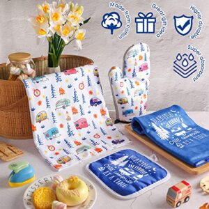 4 Pcs Camping Towels Set, Making Memories One Campsite at a Time RV Dish Towel, Funny Camping Dish Towels Dish Cloths, Soft and Absorbent Pot Holder, Camping Oven Mitt (Blue Stylish Style)