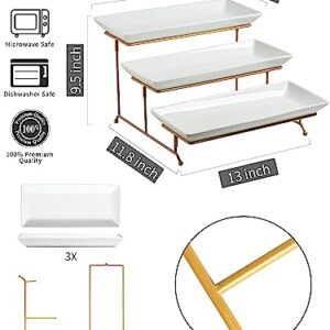 Large 3 Tier Serving Stand Tiered Serving Trays Collapsible Sturdier Rack with 3 Porcelain Serving Platters for Fruit Dessert Presentation Party Display Set, 14 Inch