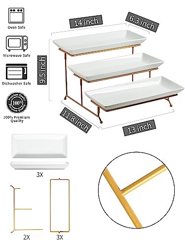 Large 3 Tier Serving Stand Tiered Serving Trays Collapsible Sturdier Rack with 3 Porcelain Serving Platters for Fruit Dessert Presentation Party Display Set, 14 Inch