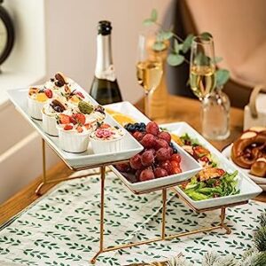 Large 3 Tier Serving Stand Tiered Serving Trays Collapsible Sturdier Rack with 3 Porcelain Serving Platters for Fruit Dessert Presentation Party Display Set, 14 Inch