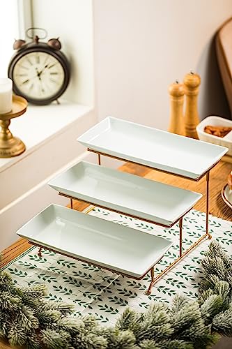 Large 3 Tier Serving Stand Tiered Serving Trays Collapsible Sturdier Rack with 3 Porcelain Serving Platters for Fruit Dessert Presentation Party Display Set, 14 Inch