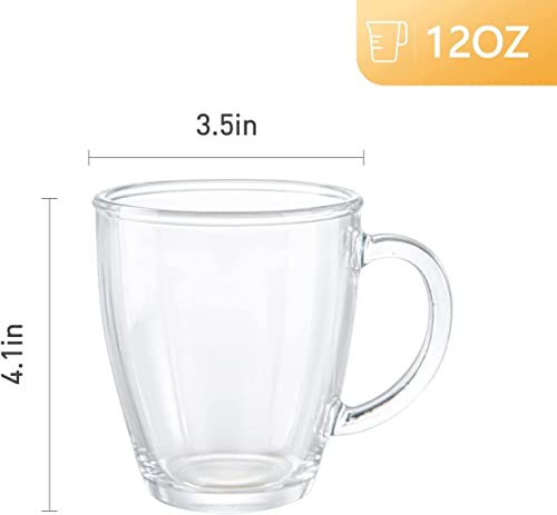 [6 PACK,12 OZ] DESIGN•MASTER Premium Glass Coffee Mugs with Handle,Transparent Tea Glasses for Hot/Cold Beverages, Perfect Design for Americano, Cappuccino, Latte or Tea and Beverage.