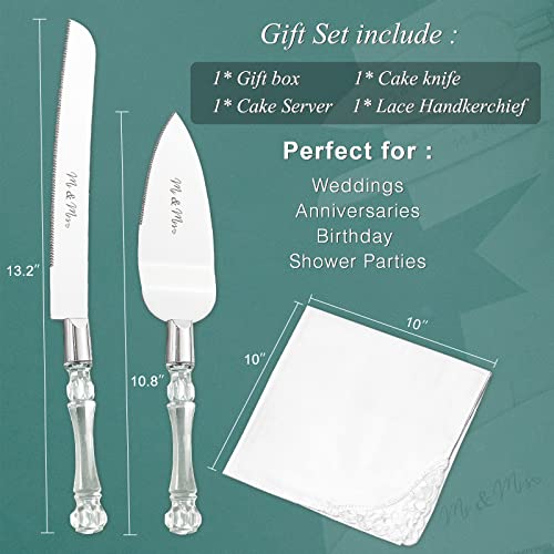 Set of 3 Wedding Cake Cutting-Mr and Mrs Wedding Cake Knife Cake Pie Pastry Servers and White Lace Handkerchief,Cake Cutter and Server Set Perfect for Wedding,Birthday,Anniversary,Parties and Events