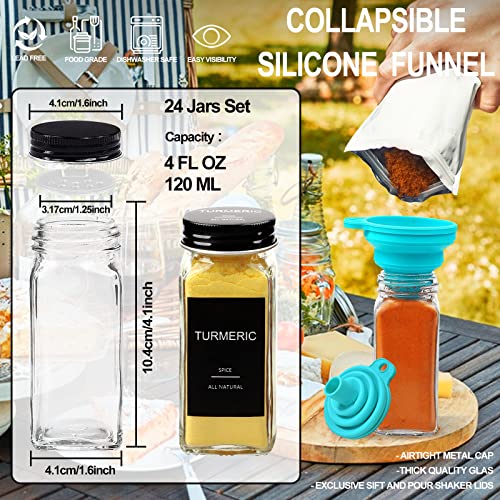 AISIPRIN 24 Pcs Glass Spice Jars with 398 Labels, 4oz Empty Square Containers Seasoning Bottles - Shaker Lids, Funnel, Brush and Marker Included(Black Metal Caps)