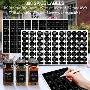 AISIPRIN 24 Pcs Glass Spice Jars with 398 Labels, 4oz Empty Square Containers Seasoning Bottles - Shaker Lids, Funnel, Brush and Marker Included(Black Metal Caps)