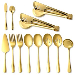 gold serving utensils,12 pcs stainless steel serving utensil with serving spoon,slotted spoons,serving forks,soup ladle,serving tongs,pie server,butter knife serving utensils set for parties,buffe