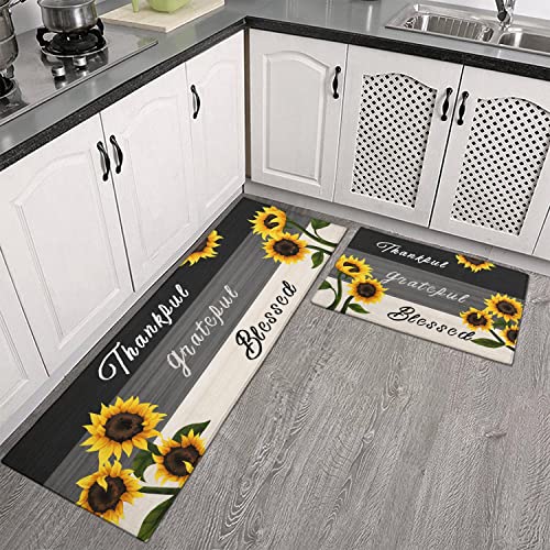 wuvutu Sunflower Kitchen Rugs - Kitchen Mat Set of 2, Sunflower Decor Sunflower Rugs for Kitchen, Farmhouse Kitchen Rugs, Country Sunflower Kitchen Decor Accessories Things - Sunflower Rugs and Mats