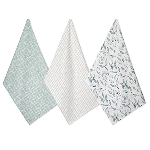 Folkulture Kitchen Towels with Hanging Loop, 18 x 28 Inches, Set of 3 Modern Tea Towels or Dish Towels for Drying Dishes, 100% Cotton Dishcloths or Hand Towels for Boho Décor, Absorbent (Misty Green)