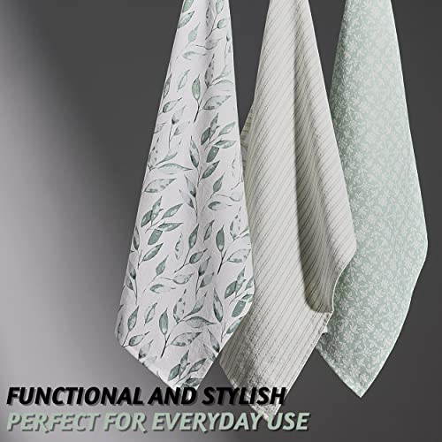 Folkulture Kitchen Towels with Hanging Loop, 18 x 28 Inches, Set of 3 Modern Tea Towels or Dish Towels for Drying Dishes, 100% Cotton Dishcloths or Hand Towels for Boho Décor, Absorbent (Misty Green)