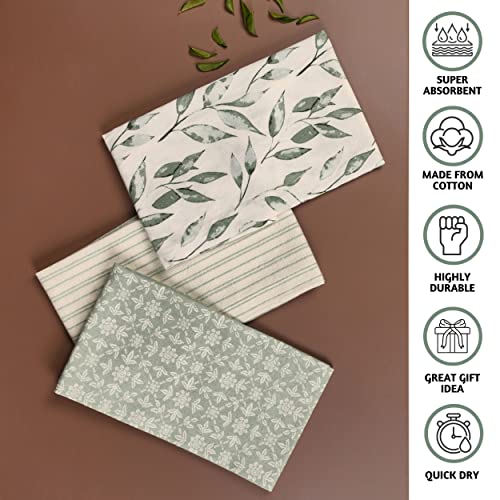 Folkulture Kitchen Towels with Hanging Loop, 18 x 28 Inches, Set of 3 Modern Tea Towels or Dish Towels for Drying Dishes, 100% Cotton Dishcloths or Hand Towels for Boho Décor, Absorbent (Misty Green)