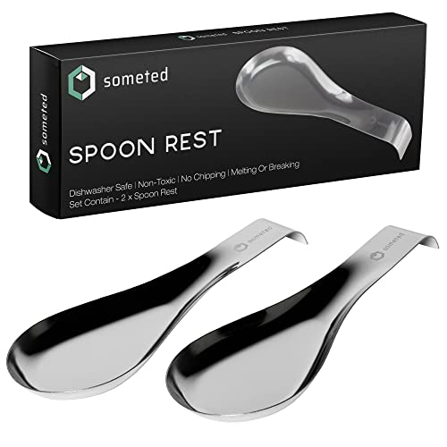 Large Stainless Steel Spoon Rest-Metal Spoon Rest Set of 2- Ladle Rest Utensil for Kitchen Counter-Silver Spoon Rest-Spatula Ladle Holder-Spoon Holder for Stove Top-Serving Cooking Modern