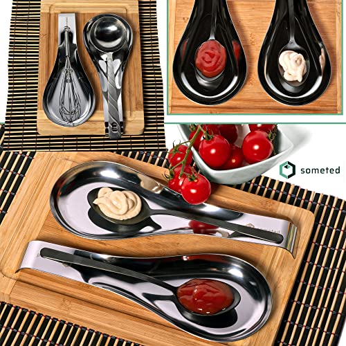 Large Stainless Steel Spoon Rest-Metal Spoon Rest Set of 2- Ladle Rest Utensil for Kitchen Counter-Silver Spoon Rest-Spatula Ladle Holder-Spoon Holder for Stove Top-Serving Cooking Modern