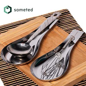 Large Stainless Steel Spoon Rest-Metal Spoon Rest Set of 2- Ladle Rest Utensil for Kitchen Counter-Silver Spoon Rest-Spatula Ladle Holder-Spoon Holder for Stove Top-Serving Cooking Modern