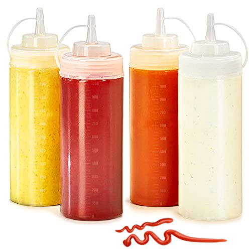 Hamiggaa 4 Pack 32 oz Plastic Squeeze Bottles,Condiment Squeeze Squirt Bottles with Twist On Cap Lids for Ketchup,Sauce,BBQ,Condiments,Oil