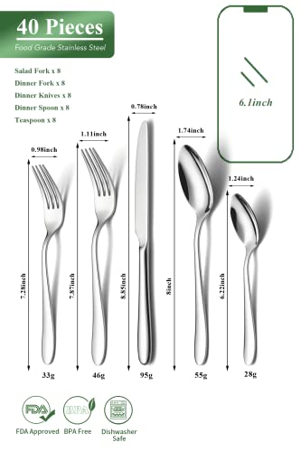 EIUBUIE 40 Piece Silverware Set for 8, Stainless Steel Flatware Set, Cutlery Set with Mirror Finish, Dishwasher Safe, Modern Kitchen Forks, Spoons, Knives, Eating Utensil Set