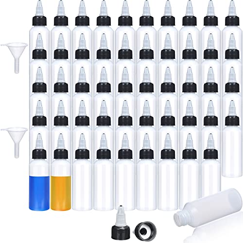 50 Pack 2 oz Boston Dispensing Bottles Plastic Squeeze Bottles with Twist Top Cap Small Squeeze Bottles Clear Squeeze Bottle Small Round Bottles with 2 Funnels for Kitchen Household Home