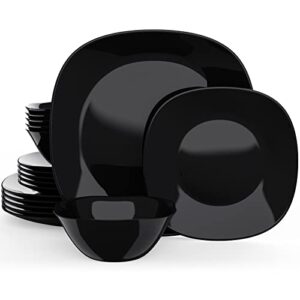 black dinnerware set, meky 18-pcs kitchen dinner set service for 6, safety for microwave &dishwasher,square glass plates,dishes, bowls set