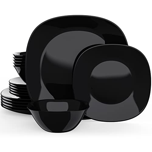 Black Dinnerware Set, MEKY 18-PCS Kitchen Dinner Set Service for 6, Safety for Microwave &Dishwasher,Square Glass Plates,Dishes, Bowls Set