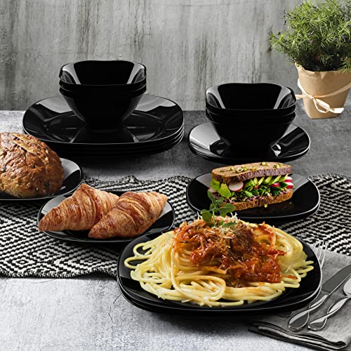 Black Dinnerware Set, MEKY 18-PCS Kitchen Dinner Set Service for 6, Safety for Microwave &Dishwasher,Square Glass Plates,Dishes, Bowls Set