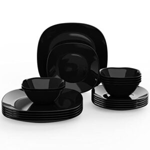 Black Dinnerware Set, MEKY 18-PCS Kitchen Dinner Set Service for 6, Safety for Microwave &Dishwasher,Square Glass Plates,Dishes, Bowls Set