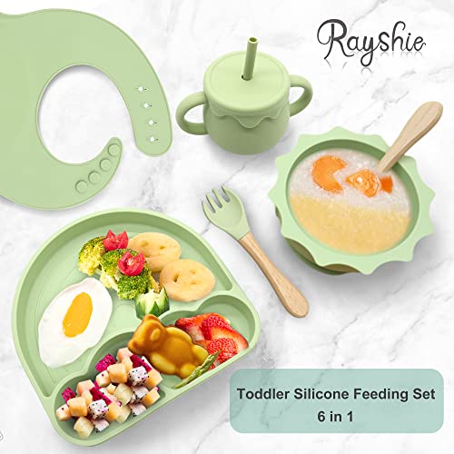 Rayshie Baby Led Weaning Supplies,Baby Utensils 6-12 Months, BLW Utensils,Silicone Bib,Toddler Bowl,Straw Cup,Suction Divided Baby Plate,Fork&Spoon,Baby Eating Supplies,Baby Gifts (RS-FDs-Olive-22-03)