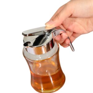 J&M DESIGN Glass Syrup Dispenser Bottle for Maple Syrup, Honey Pot or Sugar Jar W/Handle Shaker For Pancakes, Coffee, Cereal Bowl, Tea Pour Spout Lid Easy Spoon Measure 7.5oz Container Holder