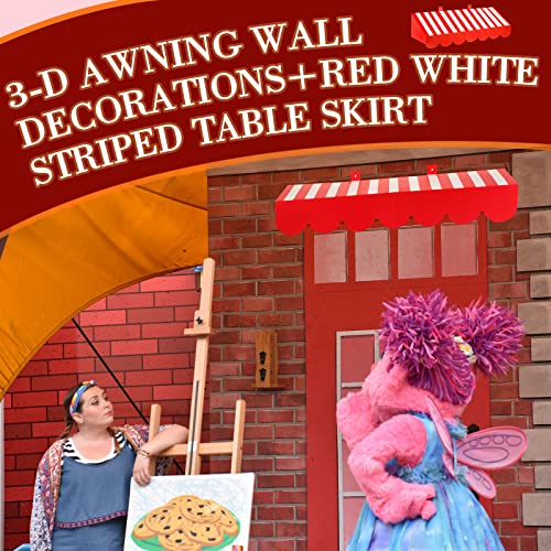 3D Awning Wall Decorations and Stripe Table Skirts Cardboard Awning Tent Decors for Doors Window Classroom Concession Room Carnival Circus Party Decorations (Red White, 3 Pieces)