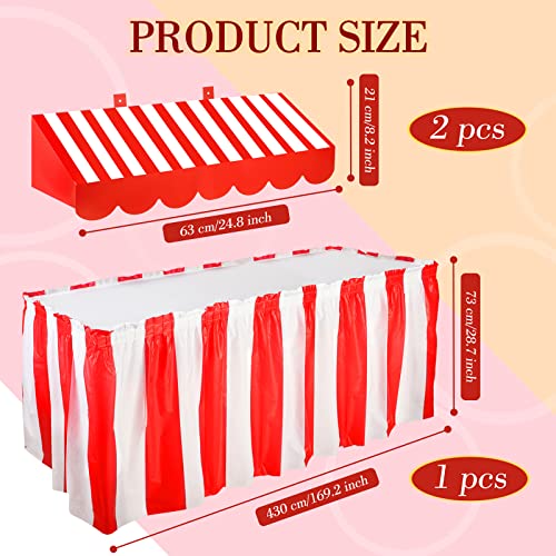 3D Awning Wall Decorations and Stripe Table Skirts Cardboard Awning Tent Decors for Doors Window Classroom Concession Room Carnival Circus Party Decorations (Red White, 3 Pieces)