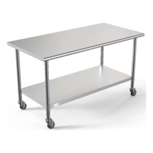 koolmore commercial 30” x 60” stainless steel work table wheels restaurant home use, under storage shelf food, tools, equipment, hardware, heavy duty metal workspace (ct3060-18c), silver, 30" x 60"