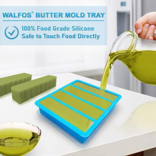 Silicone Butter Mold with Lid, Walfos Non-Stick Butter Tray Fits Standard Butter Stick Size, Large Cavity Butter Maker Holds 8 Tablespoons Butter, Ideal For Butter, Soap Bar, Energy Bar, Cake, 2 Pack