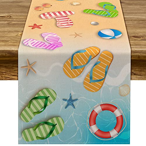 Summer Beach Table Runner Flip Flops Seaside Themed Birthday Seasonal Holiday Party Kitchen Dinning Room Home Decoration (13" x 72")