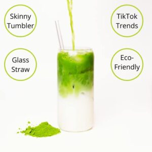 Sunshine Co. 20oz Glass Tumbler with Lid and Straw- Glass Cup with Bamboo Lid and Glass Straw- Reusable Iced Coffee Cup, Smoothie Cup - Matcha Tea Tik Tok Cocktail Glass