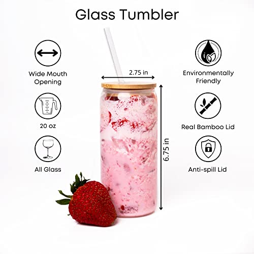 Sunshine Co. 20oz Glass Tumbler with Lid and Straw- Glass Cup with Bamboo Lid and Glass Straw- Reusable Iced Coffee Cup, Smoothie Cup - Matcha Tea Tik Tok Cocktail Glass