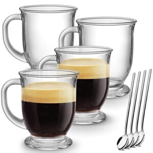 mfacoy glass coffee mugs set of 4, clear large coffee mug 15 oz with handles for hot beverages, clear mugs for tea, cappuccino, latte, espresso coffee, juice, glass coffee cups