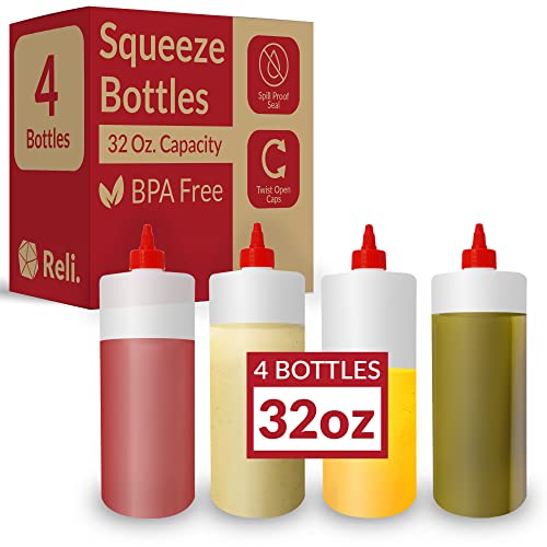 Reli. Plastic Squeeze Bottles, 32 oz. | 4 Pack | Condiment Squeeze Bottles for Sauces | Clear w/Red Twist Cap | 32 Ounce Hot Sauce, Ketchup Bottles | Squirt Bottles for Condiments, Olive Oil, Liquids