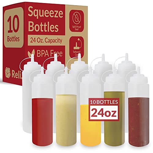 Reli. Plastic Squeeze Bottles, 24 oz. | 10 Pack | Condiment Squeeze Bottles for Sauces | Clear w/Tethered Caps | 24 Ounce Hot Sauce, Ketchup Bottles |Squirt Bottles for Condiments, Olive Oil, Liquids