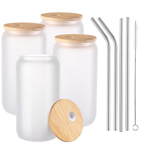 JMScape Sublimation Glass Blanks with Bamboo Lid 4pcs Set, 16oz Frosted Glass Cups with Lids and Straws, Sublimation Beer Can Glass Tumblers, Sublimation Cups for Iced Coffee Soda Drinks Beer