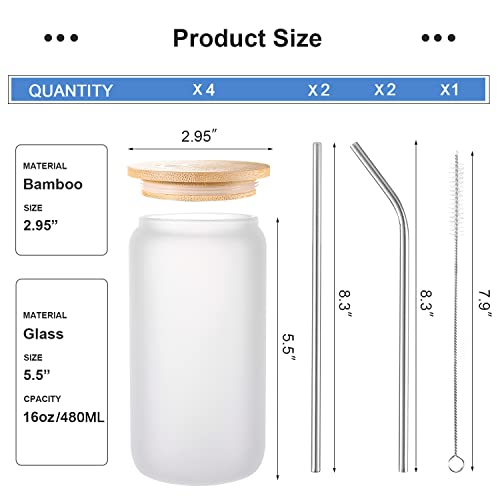 JMScape Sublimation Glass Blanks with Bamboo Lid 4pcs Set, 16oz Frosted Glass Cups with Lids and Straws, Sublimation Beer Can Glass Tumblers, Sublimation Cups for Iced Coffee Soda Drinks Beer