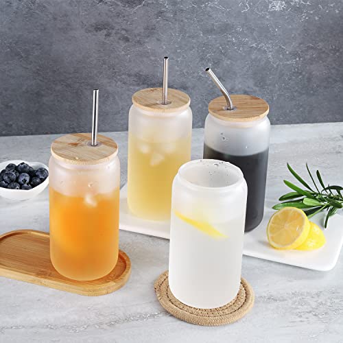 JMScape Sublimation Glass Blanks with Bamboo Lid 4pcs Set, 16oz Frosted Glass Cups with Lids and Straws, Sublimation Beer Can Glass Tumblers, Sublimation Cups for Iced Coffee Soda Drinks Beer