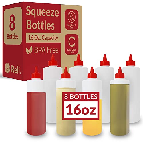 Reli. Plastic Squeeze Bottles, 16 oz. | 8 Pack | Condiment Squeeze Bottles for Sauces | Clear w/Red Twist Cap | 16 Ounce Hot Sauce, Ketchup Bottles | Squirt Bottles for Condiments, Olive Oil, Liquids